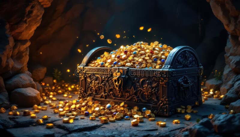 Cave with an Open Treasure Box Filled with Shiny Gold Stock ...