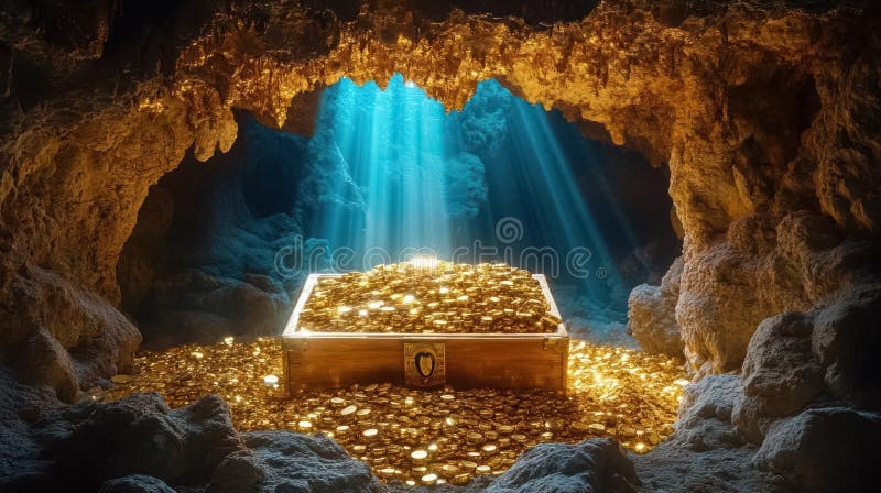 Cave with an Open Treasure Box Filled with Shiny Gold Stock ...