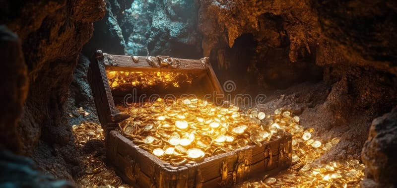 Cave with an Open Treasure Box Filled with Shiny Gold Stock ...