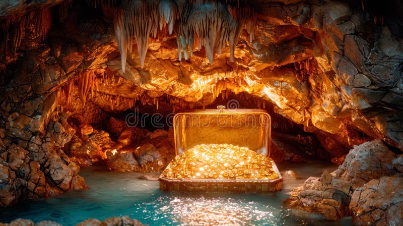 Cave with an Open Treasure Box Filled with Shiny Gold Stock ...