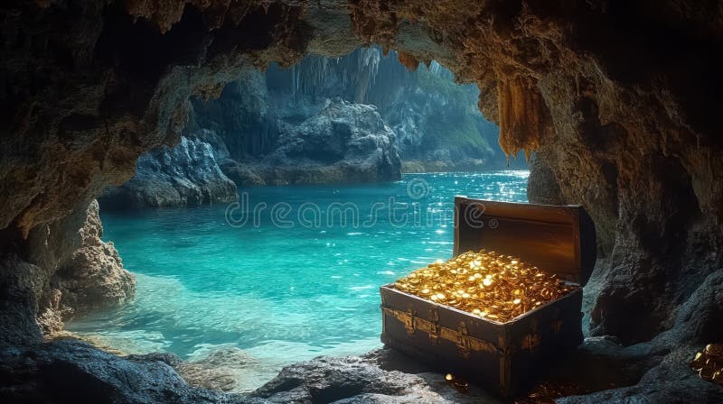 Cave with an Open Treasure Box Filled with Shiny Gold Stock ...