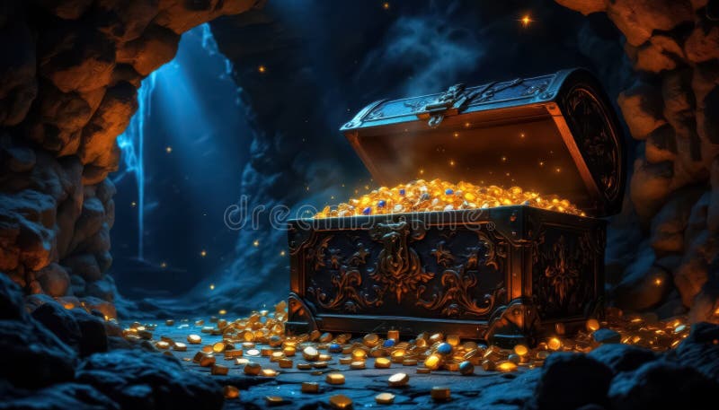 Cave with an Open Treasure Box Filled with Shiny Gold Stock ...