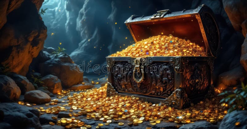 Cave with an Open Treasure Box Filled with Shiny Gold Stock ...