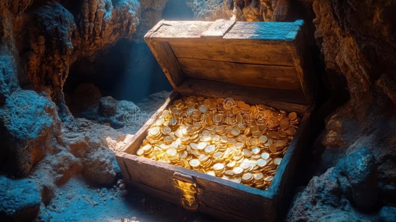 Cave with an Open Treasure Box Filled with Shiny Gold Stock ...