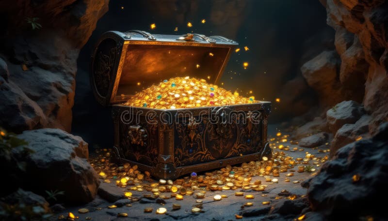 Cave with an Open Treasure Box Filled with Shiny Gold Stock ...