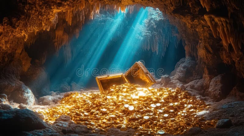Cave with an Open Treasure Box Filled with Shiny Gold Stock ...