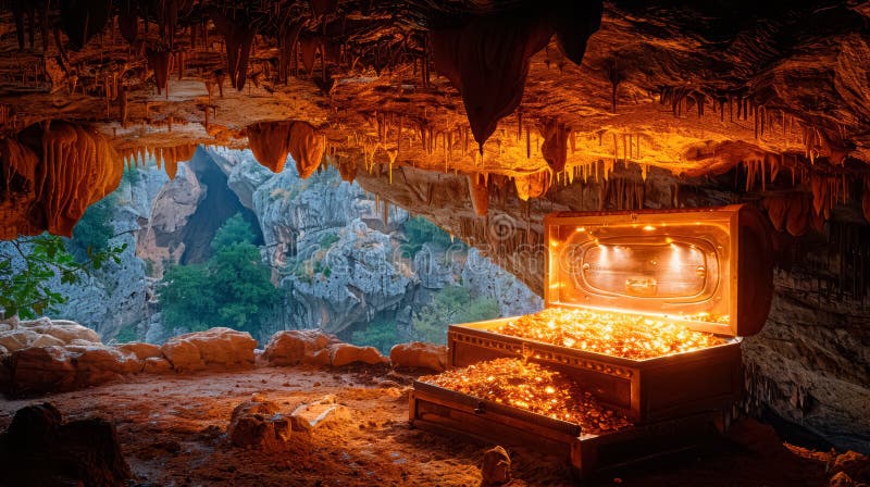 Cave with an Open Treasure Box Filled with Shiny Gold Stock ...