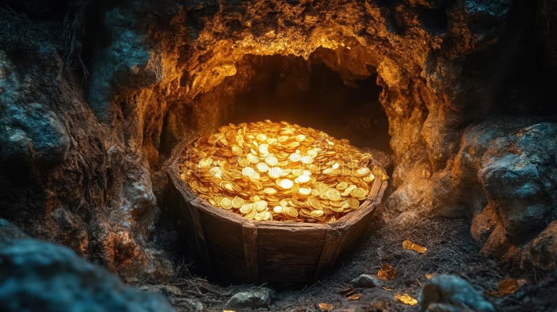 Cave with an Open Treasure Box Filled with Shiny Gold Stock ...