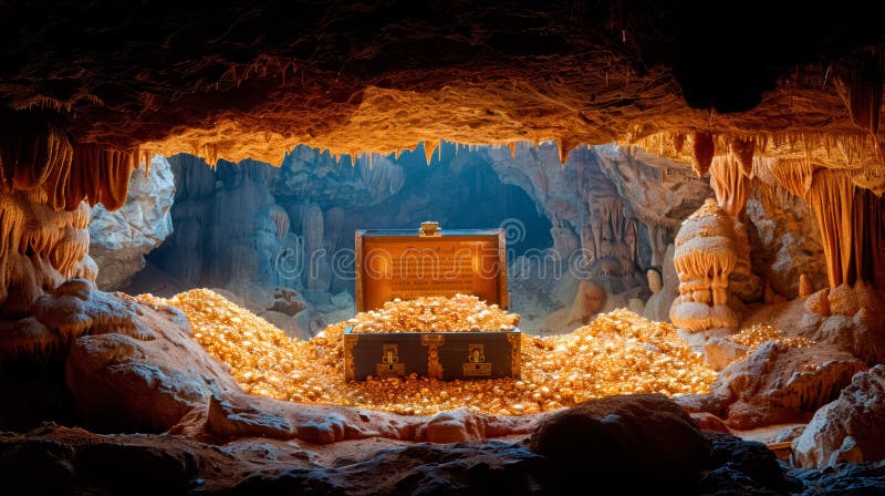 Cave with an Open Treasure Box Filled with Shiny Gold Stock ...