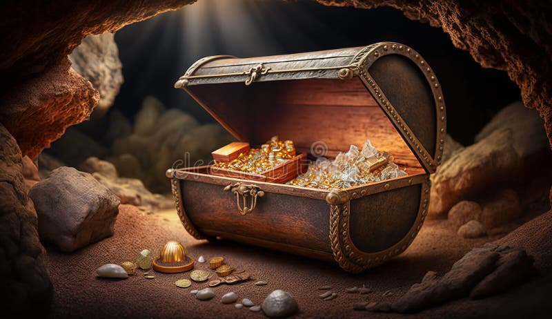 Cave with an Open Treasure Box Filled with Shiny Gold. Generative AI ...