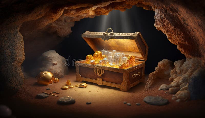 Cave with an Open Treasure Box Filled with Shiny Gold. Generative AI ...