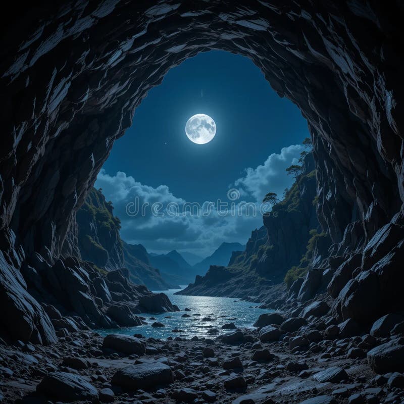 A Cave Opening with Moonlight Shining through at Night Stock ...