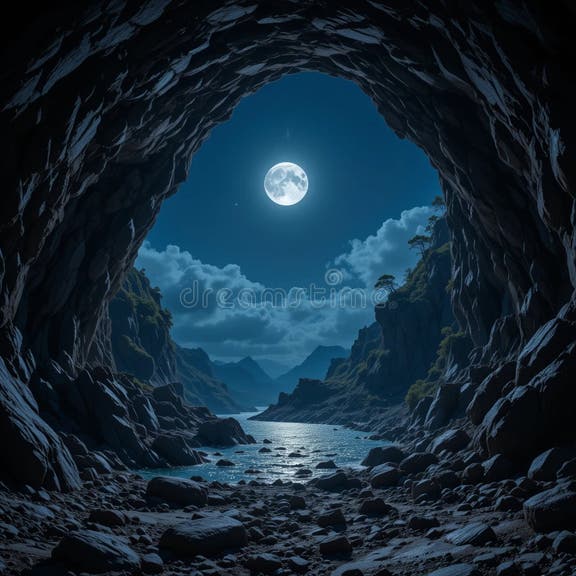 A Cave Opening with Moonlight Shining through at Night Stock ...