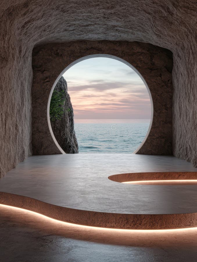 Cave Opening Overlooking the Ocean at Sunset. Stock Illustration ...