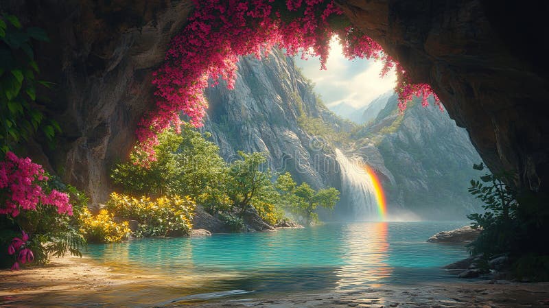 Cave Opening To a Tranquil Waterfall Scene Stock Image - Image of fresh ...