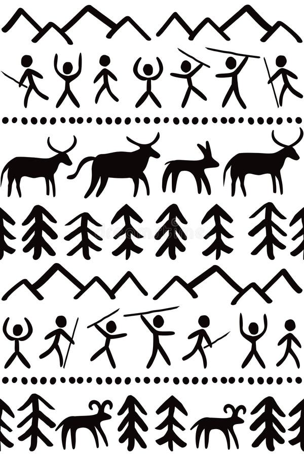 Prehostoric Cave Paintings Art Vector Seamless Pattern with People ...