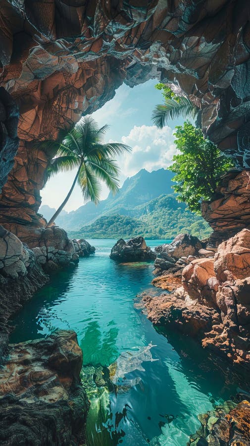 A Cave with Palm Trees and Water Stock Image - Image of tropic, tree ...