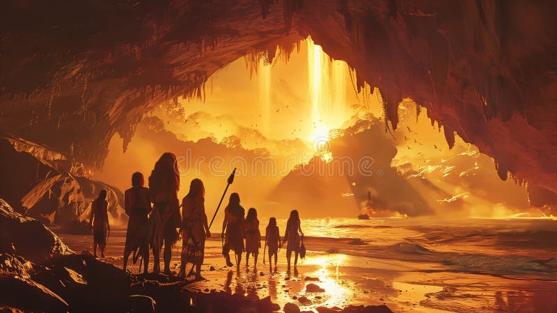 Cave People Stand Along the Shoreline, Bathed in Warm Sunset Light ...