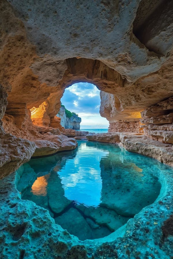 A Cave with a Pool in the Middle of it Stock Image - Image of scenic ...