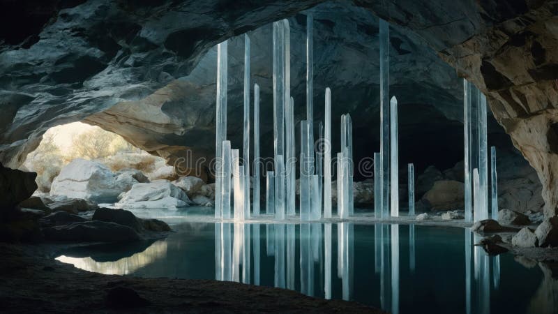 Enigmatic Crystal Cave with Reflective Pool: a Surreal Underwater Scene ...