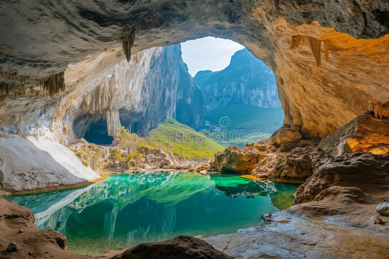 A Cave with a Pool of Water Inside of it Stock Image - Image of water ...