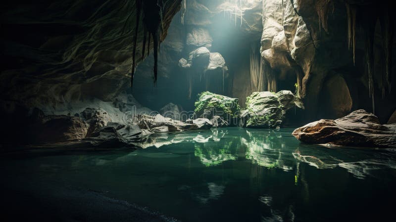 A Cave with a Pool of Water and a Light Coming from the Ceiling Stock ...