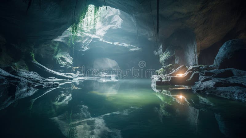 A Cave with a Pool of Water and a Light at the End Stock Illustration ...