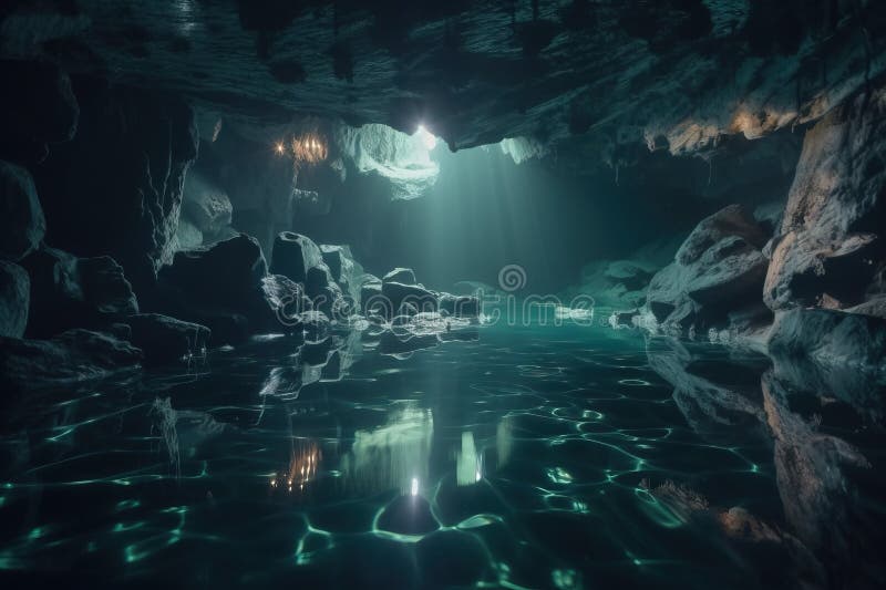 A Cave with a Pool of Water and a Light Shining from the Ceiling Stock ...