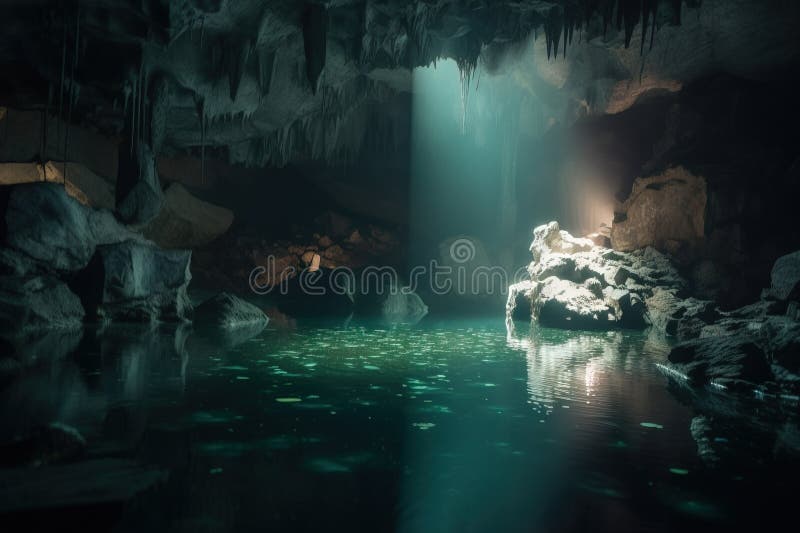 A Cave with a Pool of Water in the Middle of it Stock Illustration ...