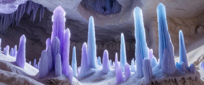 A Cave with Purple and Blue Stalactites and Stalagmites Stock Image ...