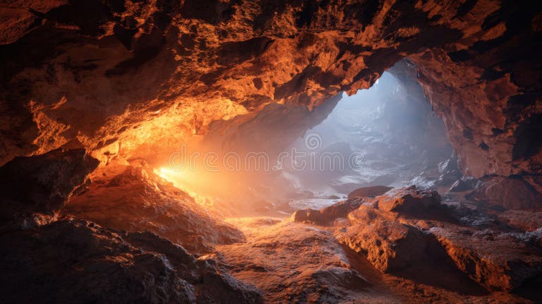 Cave with Rock Formations and Light Stock Illustration - Illustration ...