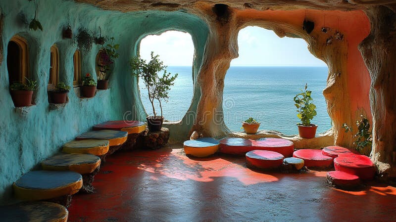 Cave Room View, Sea Backdrop Interior Design Use Stock Illustration ...