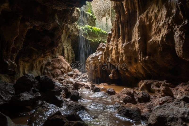 Cave with Rushing Waterfall, Flowing into the Cavern and Down To the ...