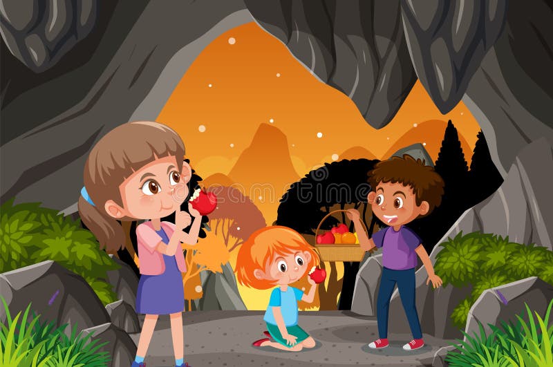 In Cave Scene with Children Exploring Cartoon Character Stock Vector ...
