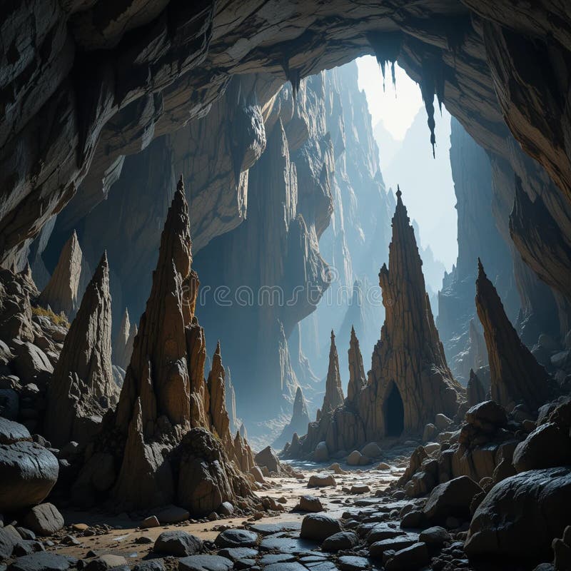 A Cave with Sharp Rock Formations Emerging from Both the Ground and ...