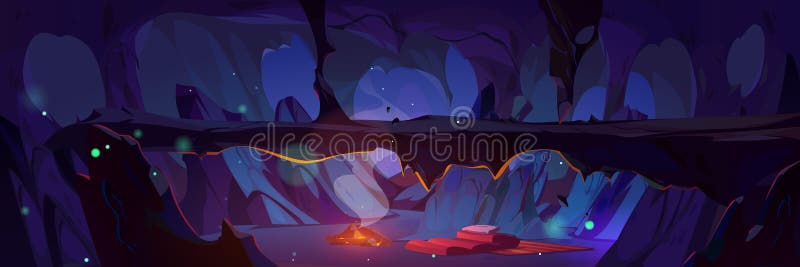 Cave Shelter with Fire and Mat Vector Background Stock Illustration ...