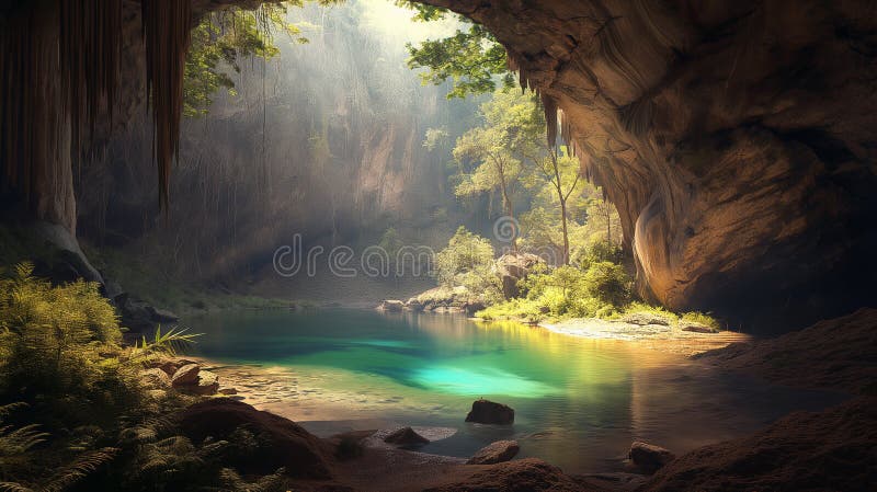 A Cave with a Small Pool of Water in the Middle Stock Illustration ...