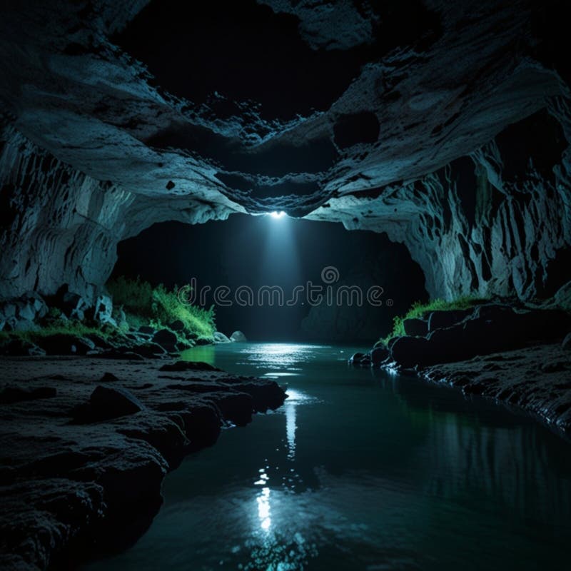 A Mysterious Cave with Small River in the Cave at Night Time while the ...