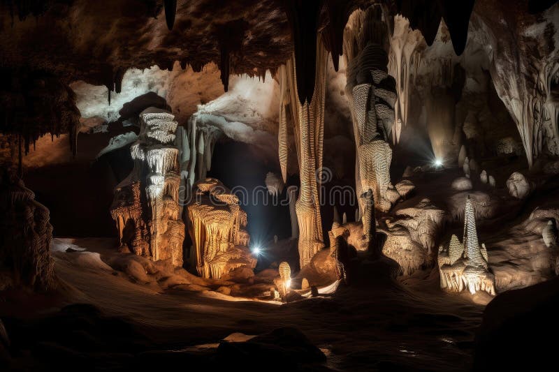 Cave with Stalactites and Stalagmites, Illuminated by Torchlight Stock ...