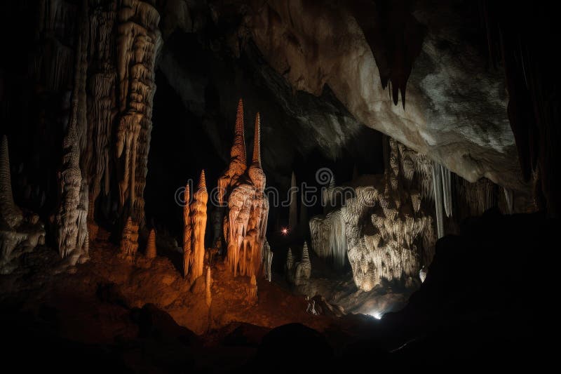 Cave with Stalactites and Stalagmites, Illuminated by Torchlight Stock ...