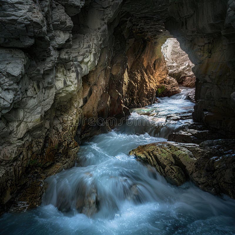 Cave Stream, Flowing Water through Rocky Canyon Stock Illustration ...