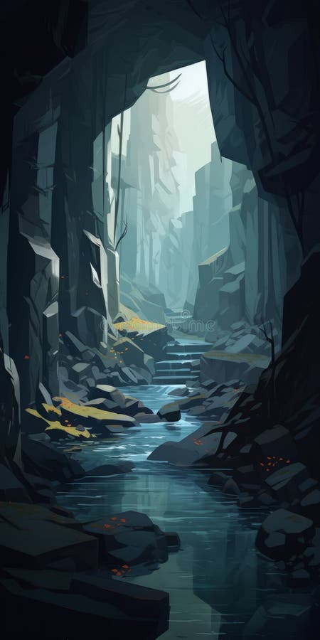Eerily Realistic Cave Illustration with Dark Palette and Flowing Lines ...