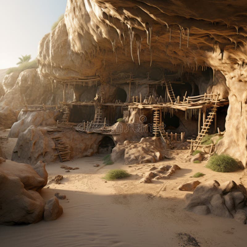 A Cave with a Structure in the Middle of a Desert Stock Illustration ...