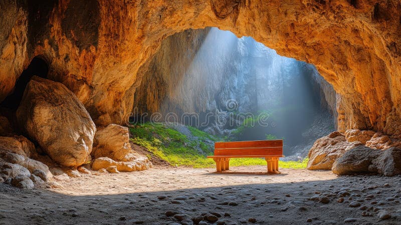 Cave Sunlight Bench Nature Serenity Escape Stock Image - Image of bench ...