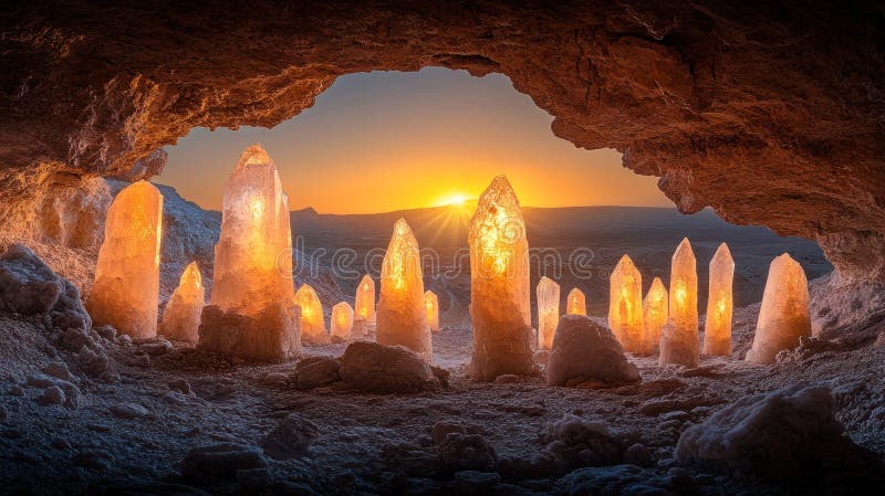 Cave Sunset Illuminates Glowing Crystals Stock Photo - Image of fantasy ...