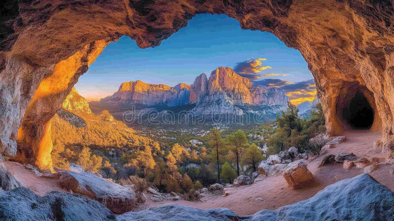 Cave Sunset Mountain View Landscape Poster Stock Image - Image of ...