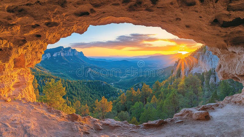 Cave Sunset Mountain View Scenic Vista Stock Image - Image of landscape ...