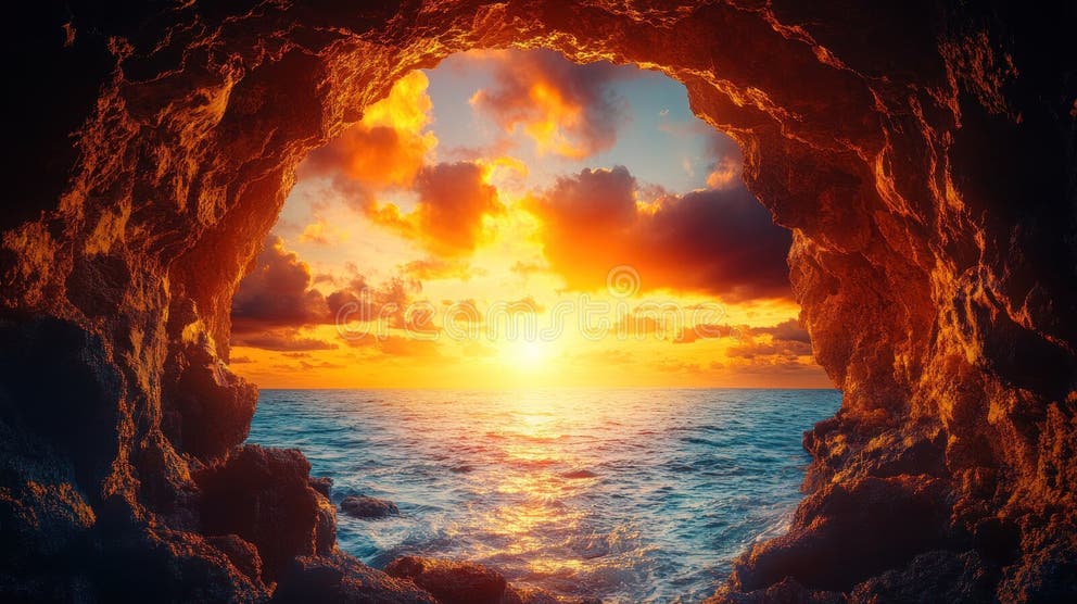 Cave Sunset Ocean View Coastal Dramatic Seascape Stock Image - Image of ...