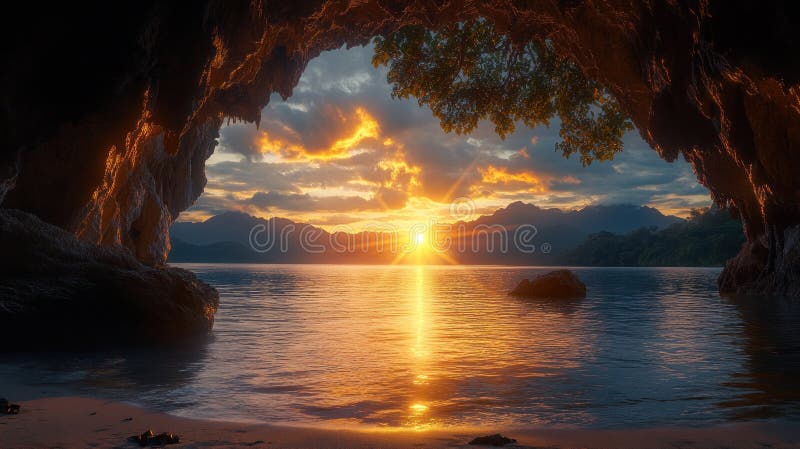 Cave Sunset Ocean View, Tropical Beach Sunrise Stock Photo - Image of ...
