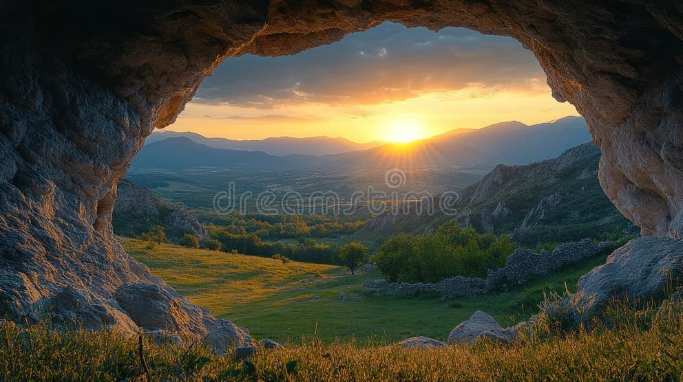 Cave Sunset View Mountain Valley Panorama Stock Image - Image of golden ...